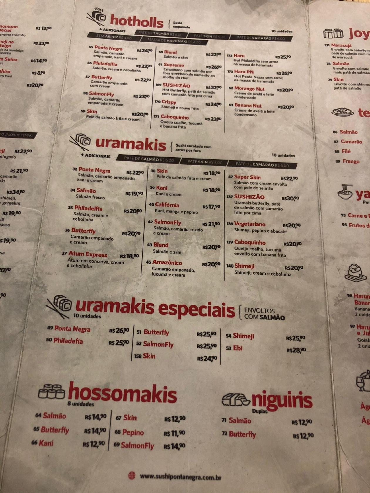 Menu at Sushi Ponta Negra restaurant, Manaus, Avenida Professor Nilton Lins