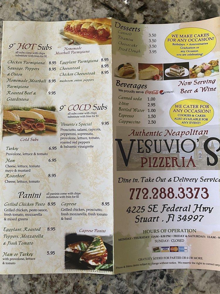 Menu at Vesuvio's Pizzeria, Stuart
