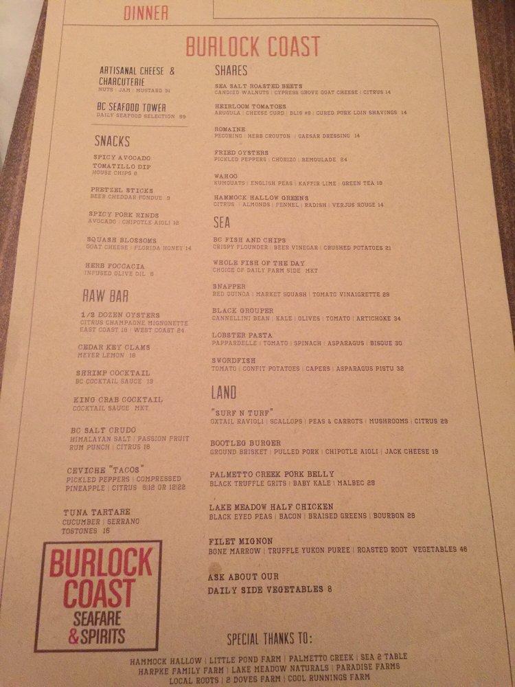 Menu at Burlock Coast restaurant, Fort Lauderdale