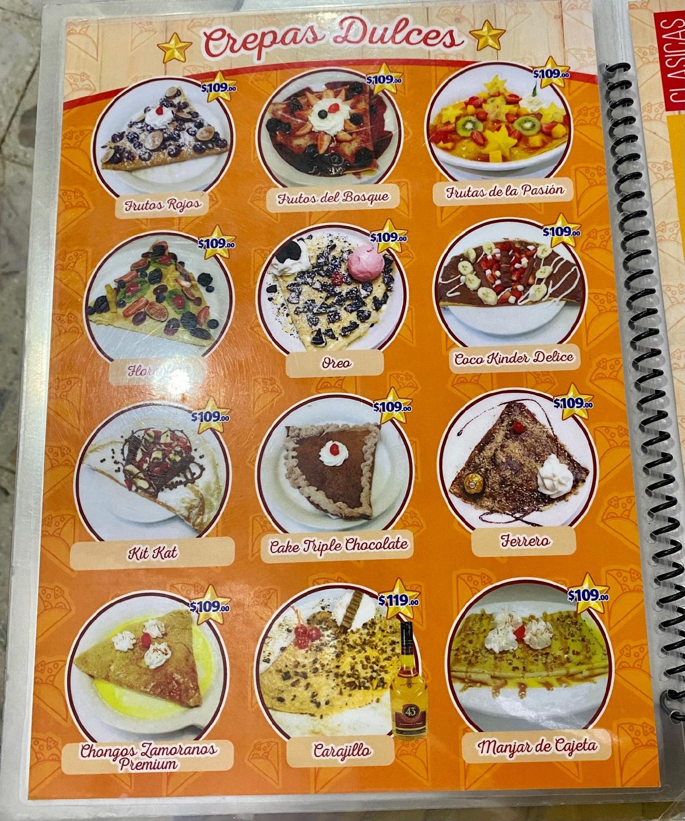 Menu at Crepería La Dulce Vida restaurant, Mexico City