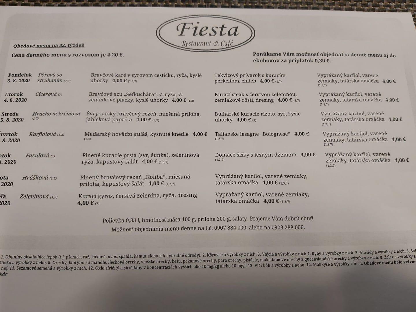 Menu at Fiesta Restaurant & Cafe, Komárno