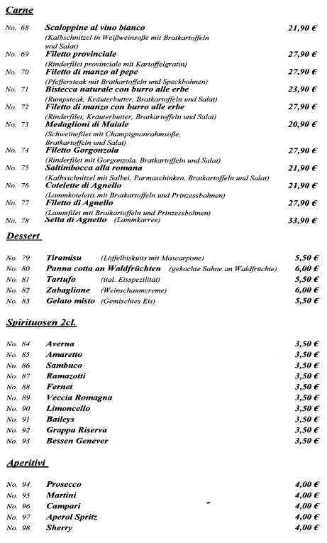 Menu at Casa Nonna restaurant, Solingen