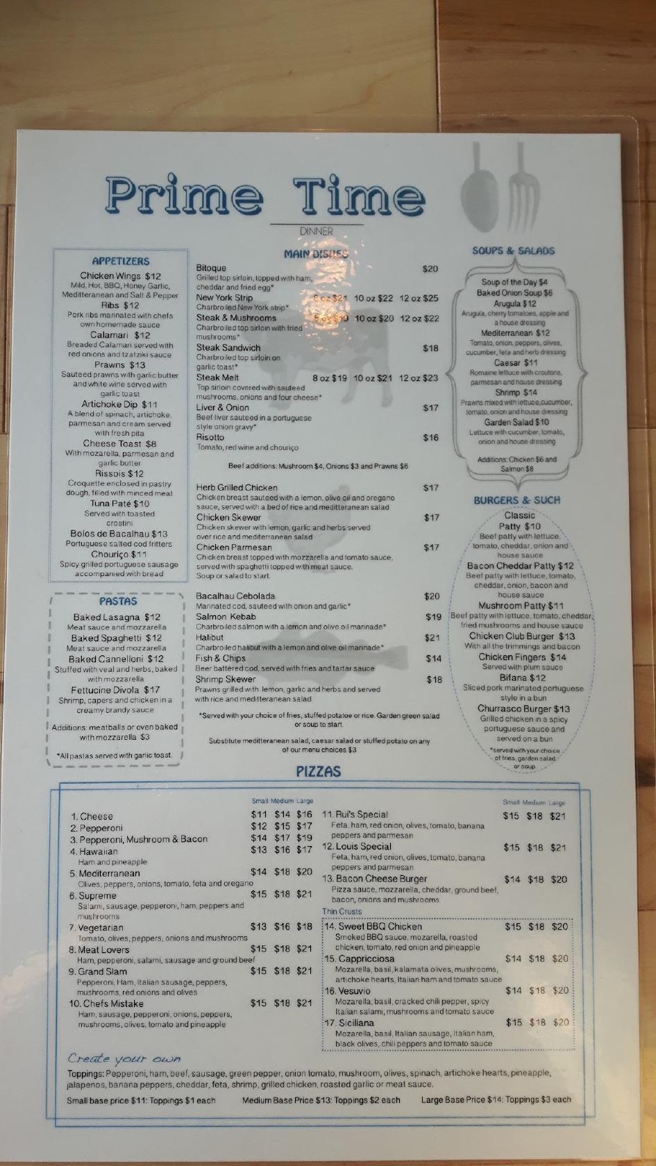 Menu at Prime Time Restaurant, Calgary