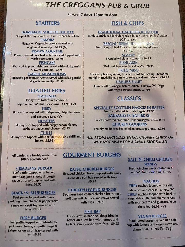 Menu at The Creggans Bar Kilcreggan, Rosneath