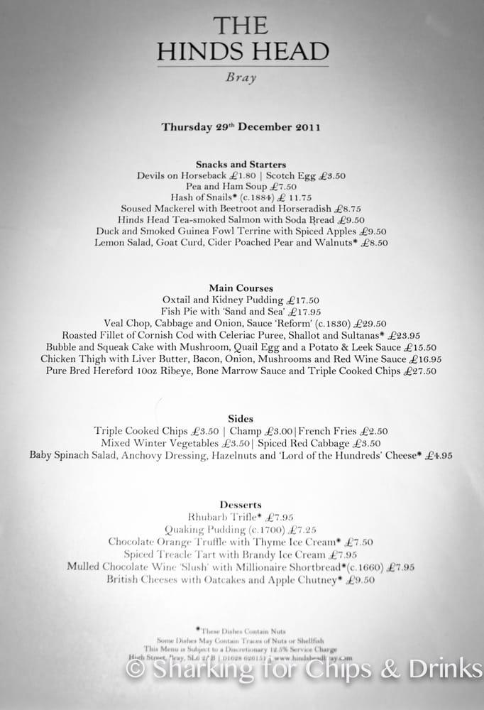 Menu at The Hinds Head pub & bar, Bray