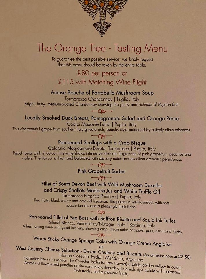 Menu at The Orange Tree Restaurant, Torquay