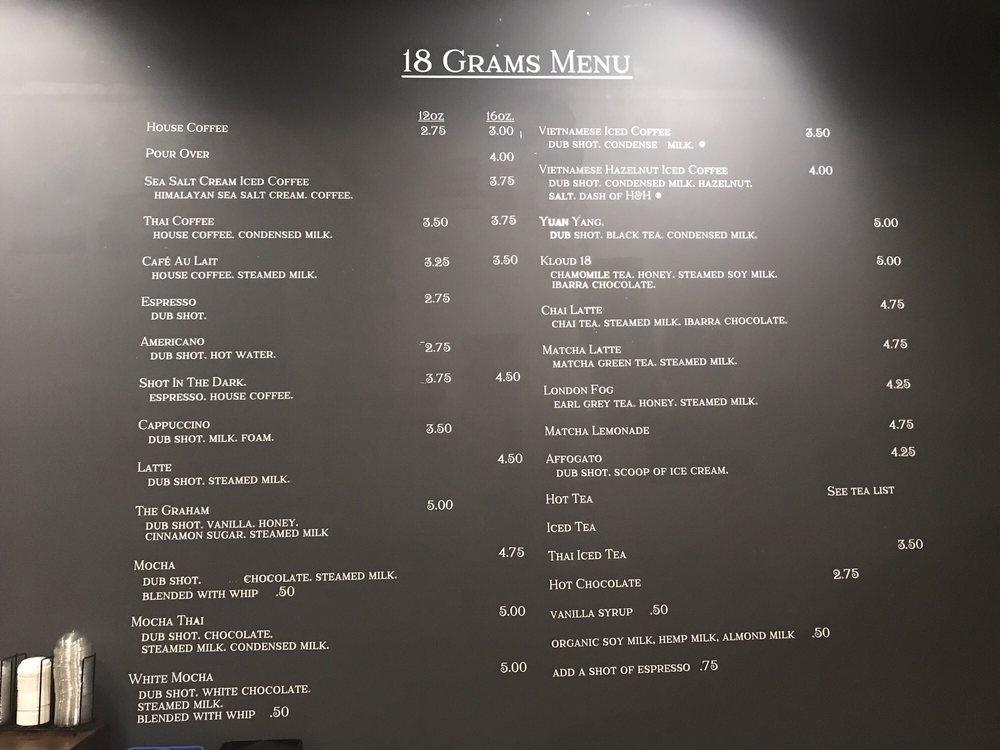 Menu at 18 Grams Coffee & Tea cafe, Elk Grove