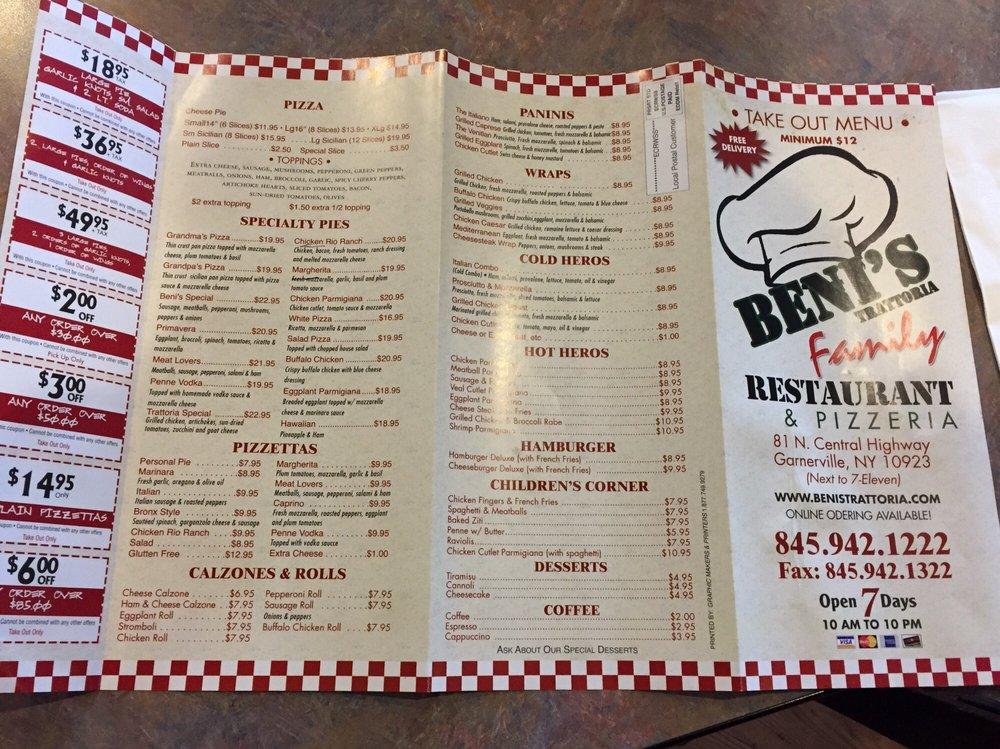 Menu at Beni's Trattoria pizzeria, West Haverstraw