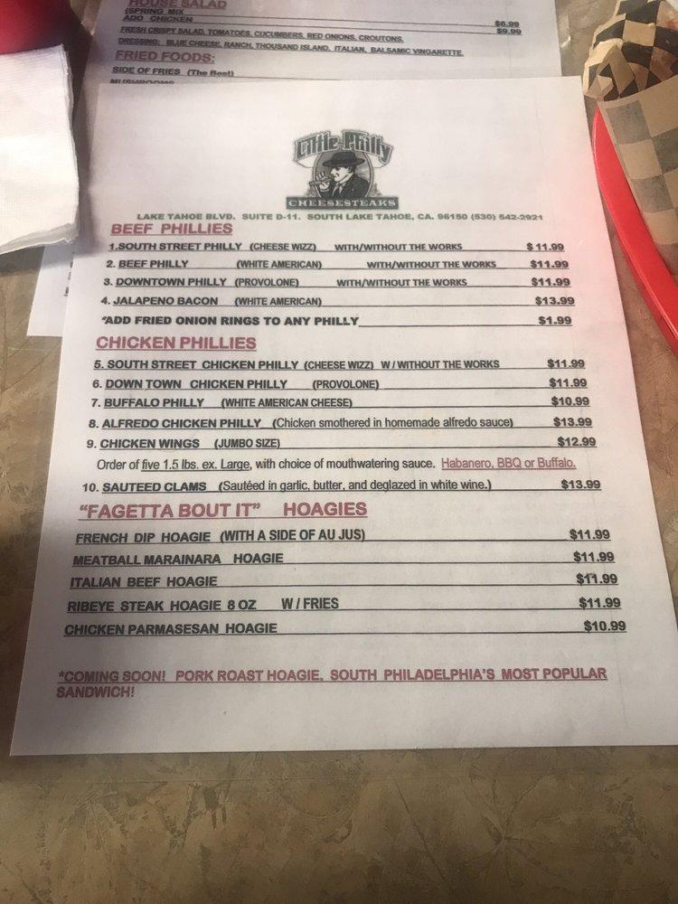 Menu at Little Philly Cheesesteaks restaurant, South Lake Tahoe