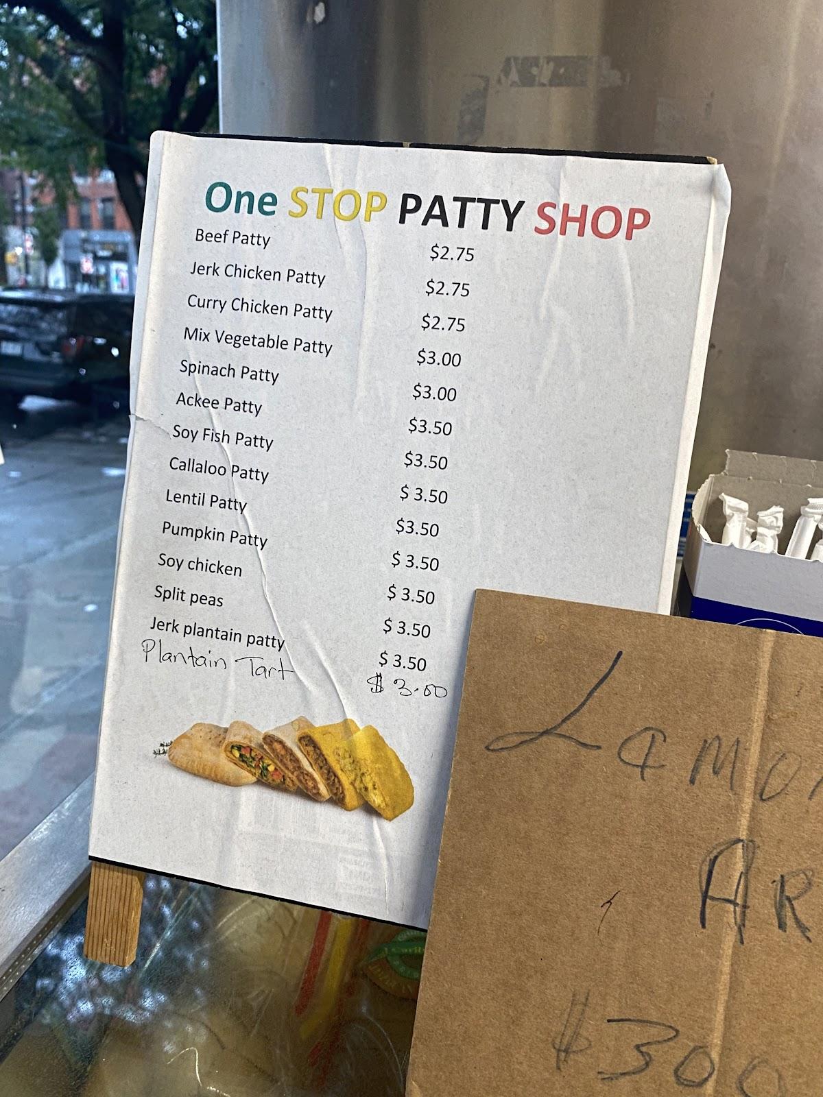 Carta del restaurante One Stop Patty Shop, Nueva York, Amsterdam Ave