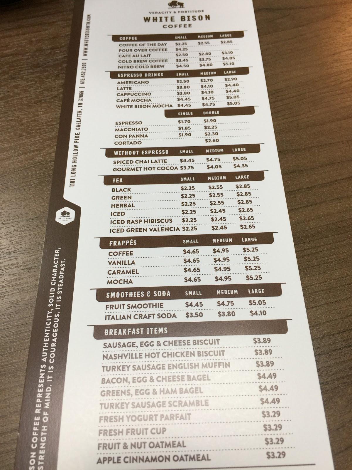 Menu at White Bison Coffee cafe, Gallatin, Long Hollow Pike
