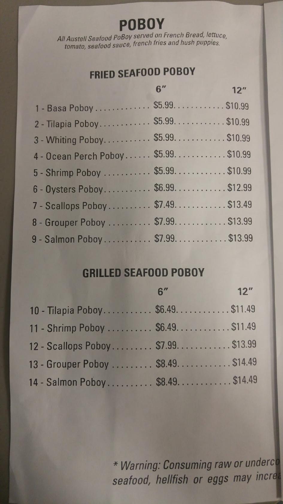 Menu at Austell Seafood Market restaurant, Marietta
