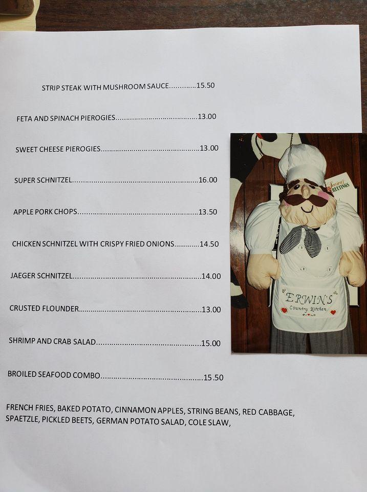 Menu at Erwin's Country Kitchen restaurant, Feasterville-Trevose
