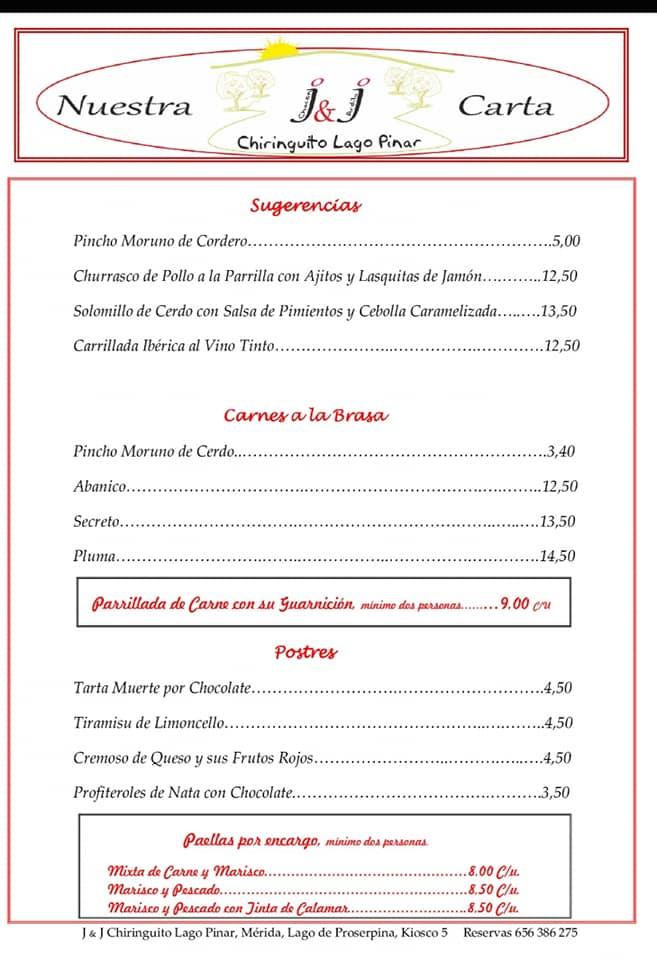 Menu at J. & J. Chiringuito Lago Pinar pub & bar, Urbanización de ...