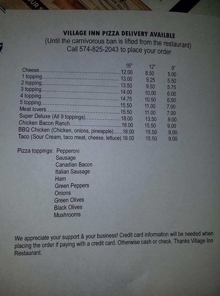 Menu at Village Inn Restaurant, Middlebury