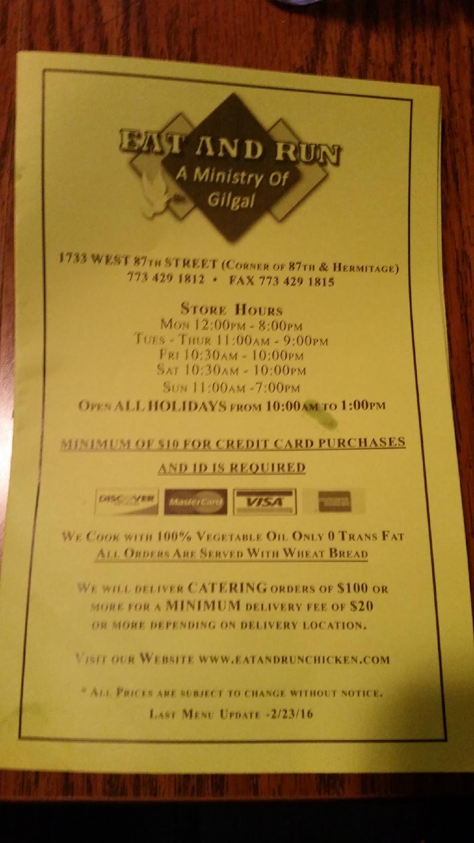 Menu at Eat And Run Restaurant & Catering, Chicago, W 87th St