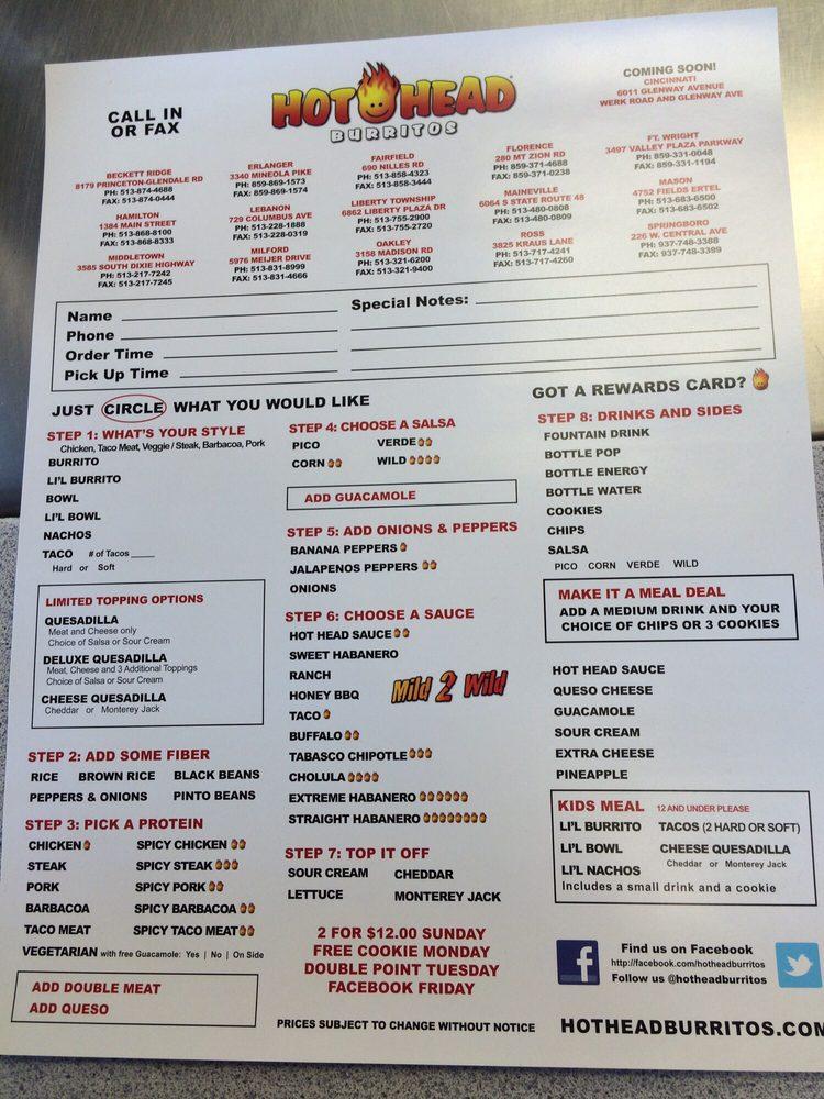 Menu at Hot Head Burritos fast food, Landen, OH-48