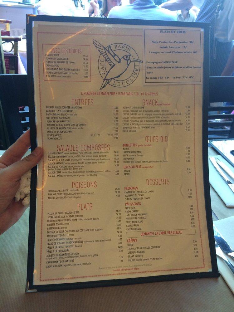 Menu at Le Colibri restaurant, Paris, 8 Pl. de la Madeleine