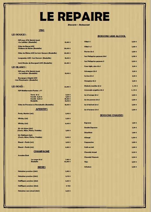 Menu au Le Repaire restaurant, Amiens