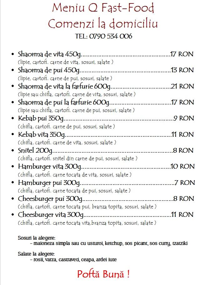 Menu at Q Fast Food, Slobozia