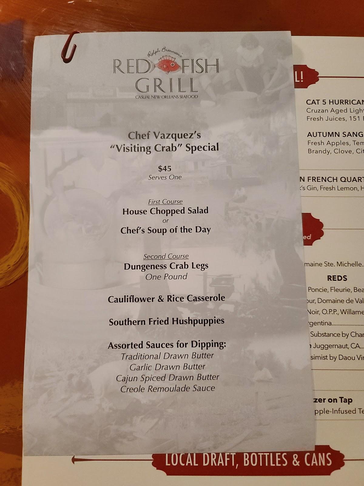 Menu at Red Fish Grill restaurant, New Orleans