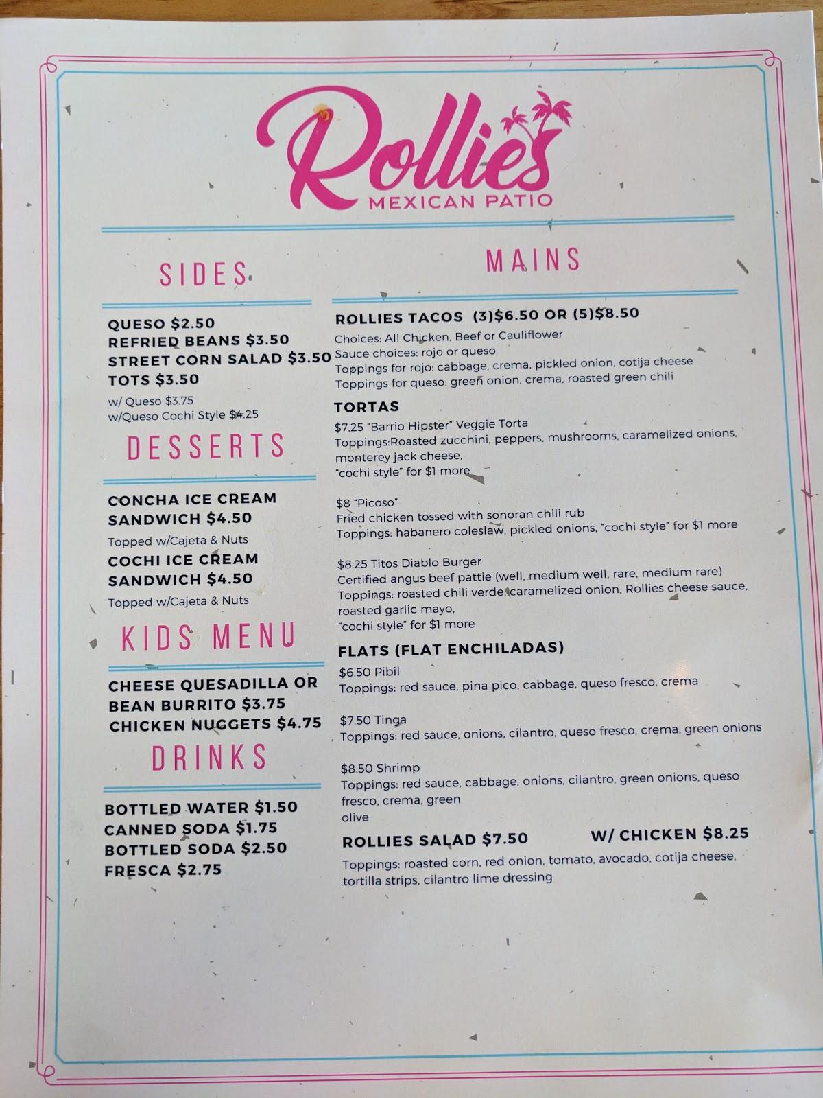 Menu at Rollies Mexican Patio restaurant, Tucson, S 12th Ave