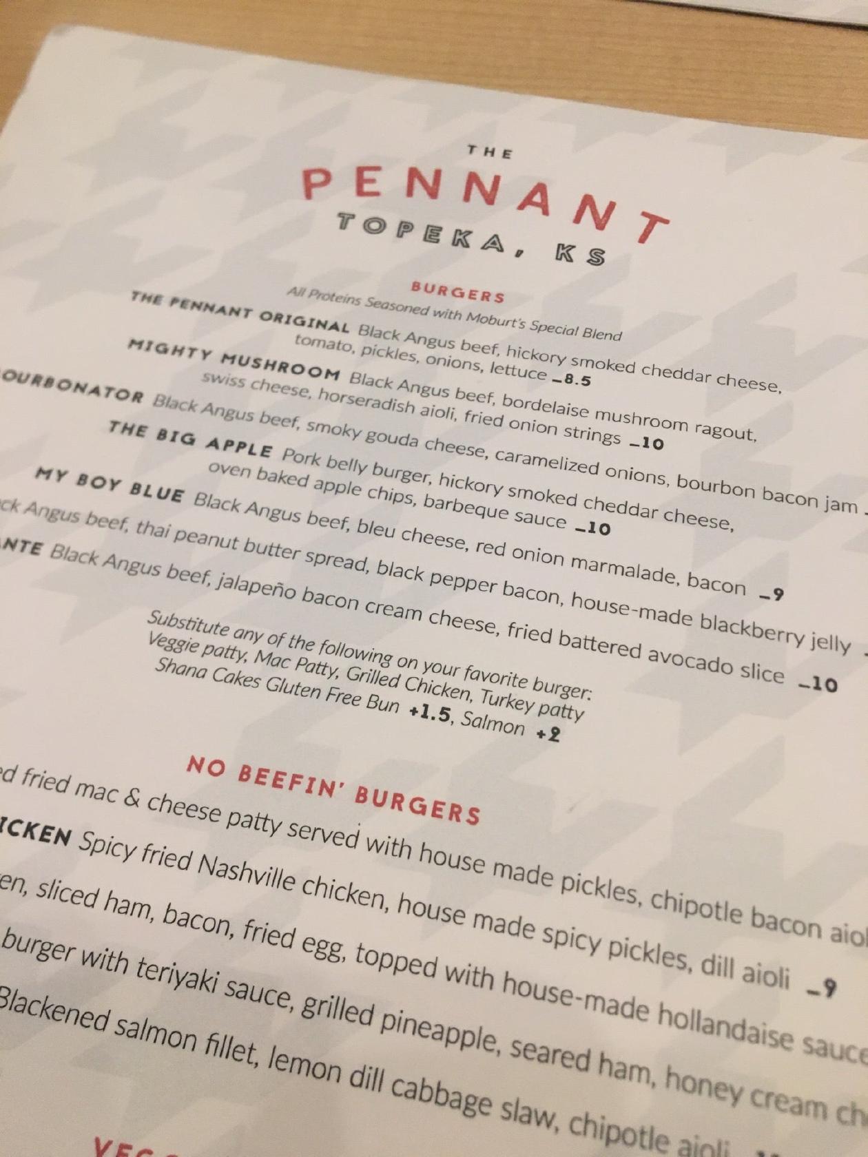 Menu at The Pennant restaurant, Topeka