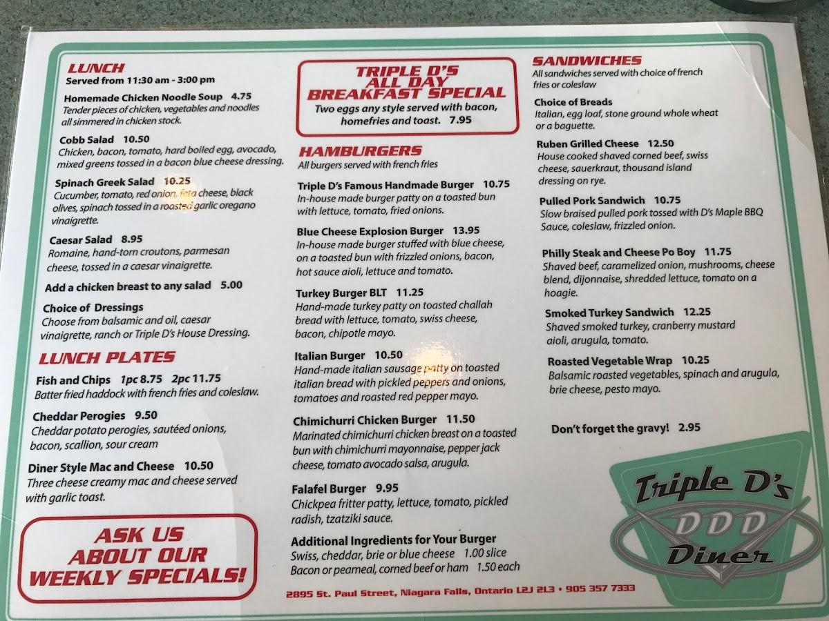 Menu at Triple D's Diner restaurant, Niagara Falls