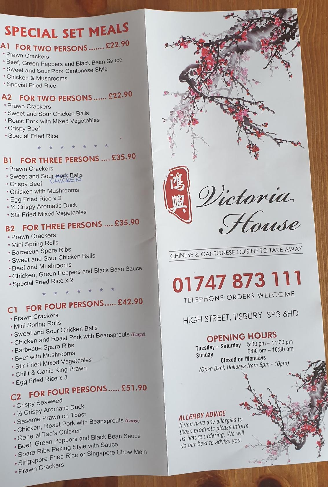 Menu at Victoria House restaurant, Tisbury