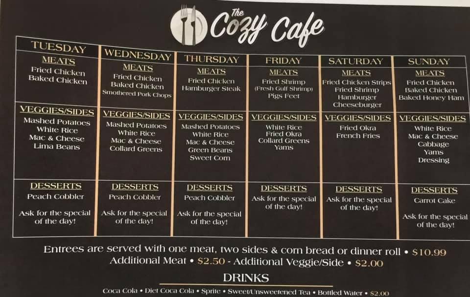 Menu at Cozy Cafe, Port Saint Joe