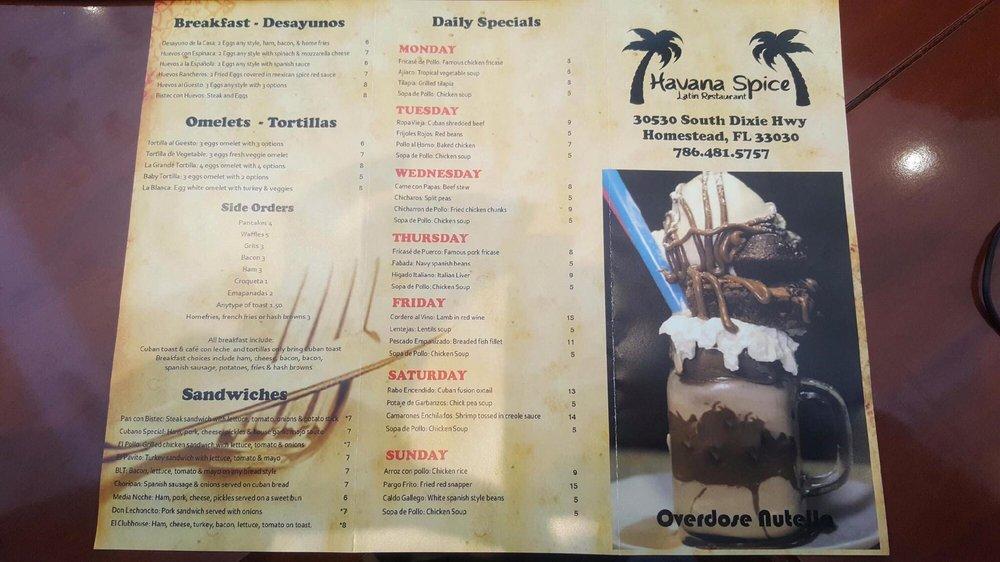 Menu at Havana Spice restaurant, Homestead