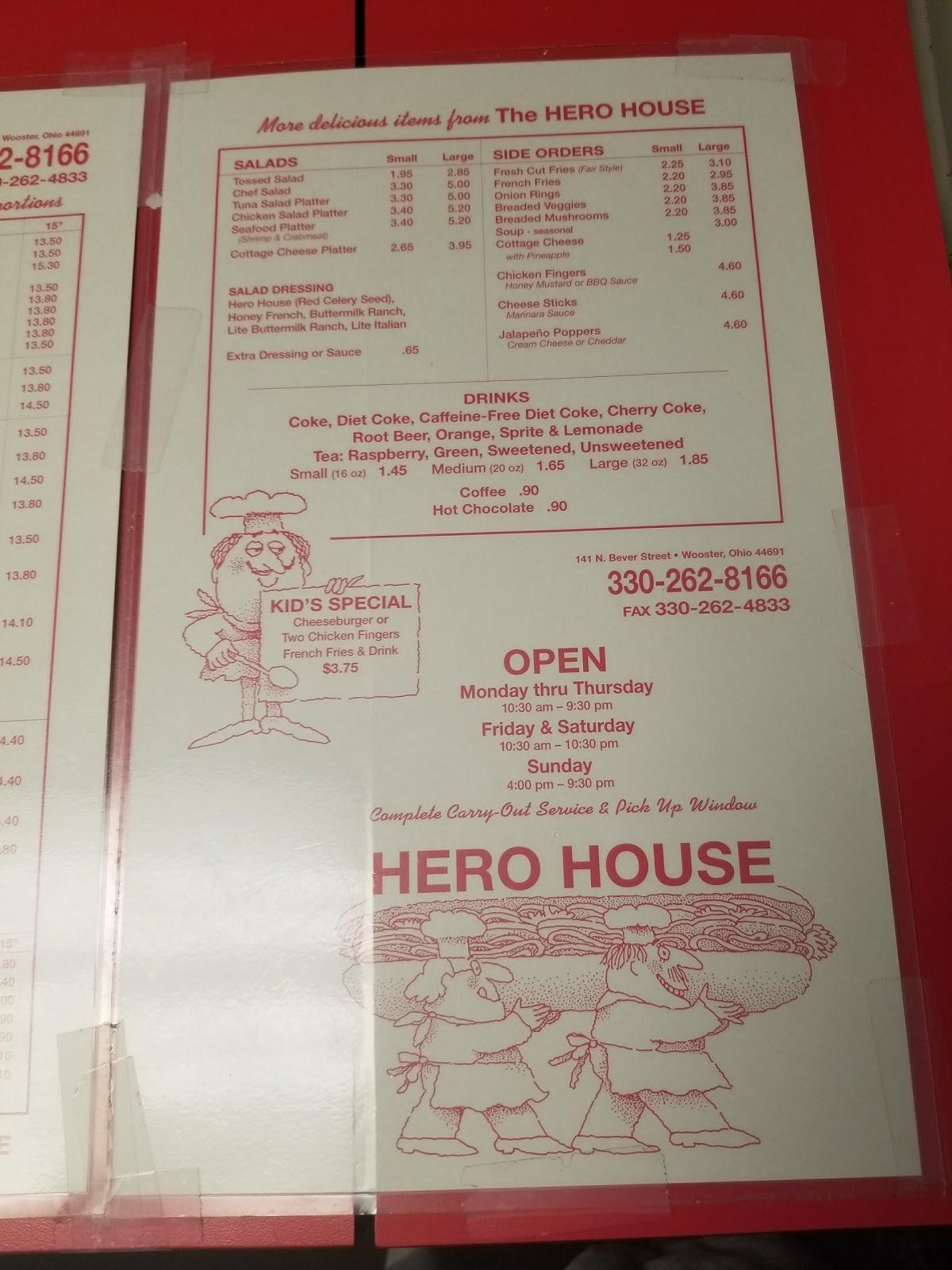 Menu at Hero House restaurant, Wooster