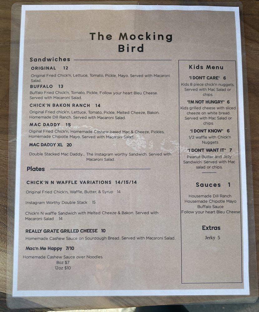 Menu at The Mocking Bird restaurant, Beaverton