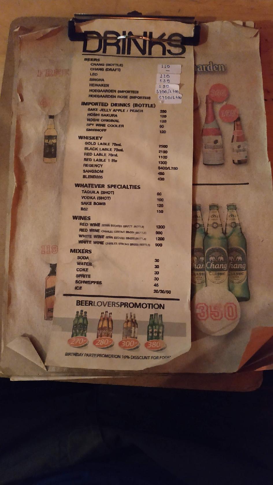Carta de Whatever Bar, Bangkok, 607/2