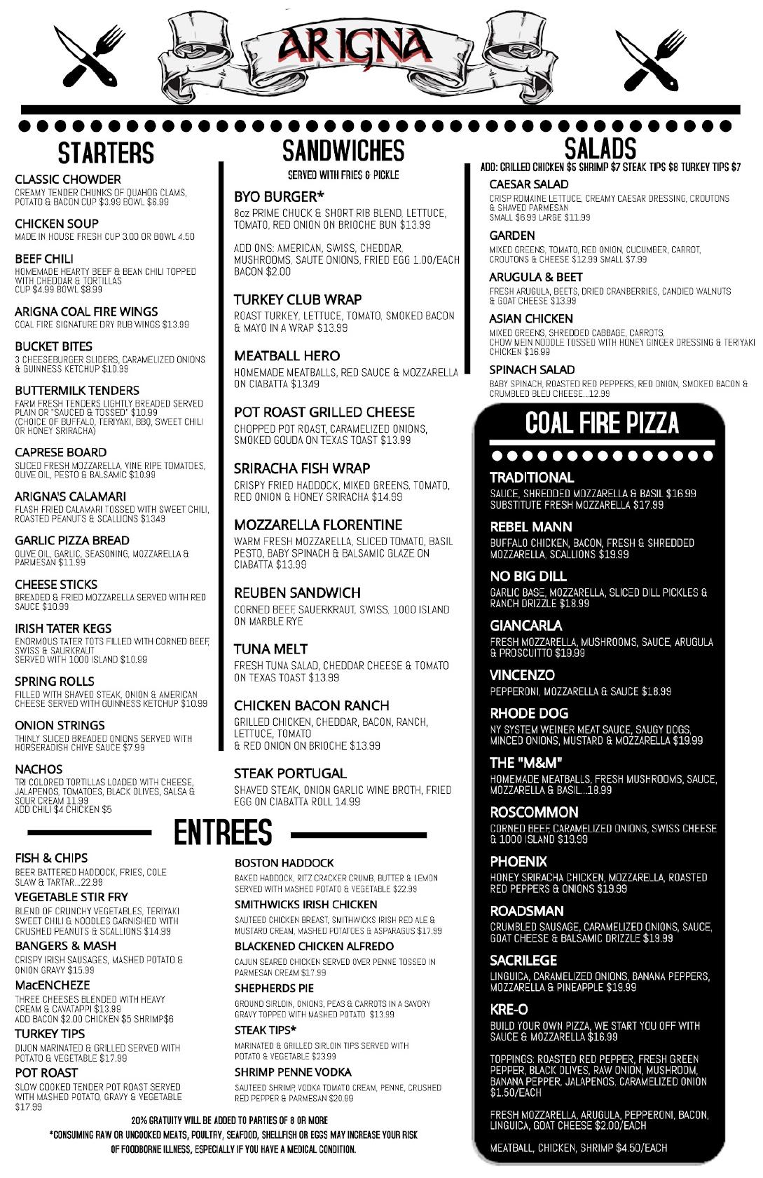 Menu at Arigna Irish Pub & Coal Fire Kitchen, Pawtucket
