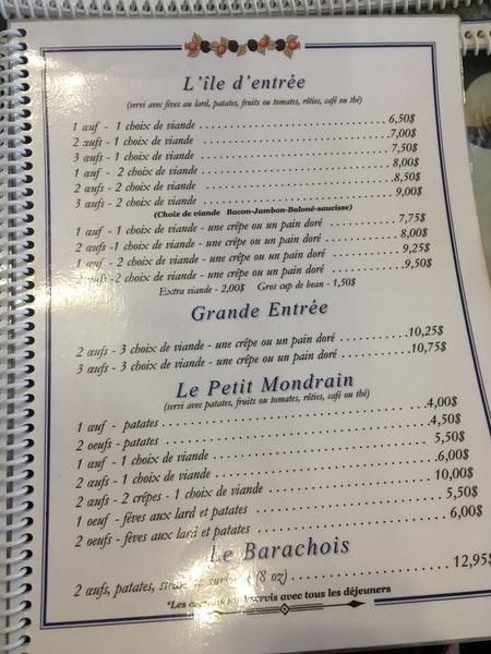 Menu au Chez Jacquie et France restaurant, Montréal