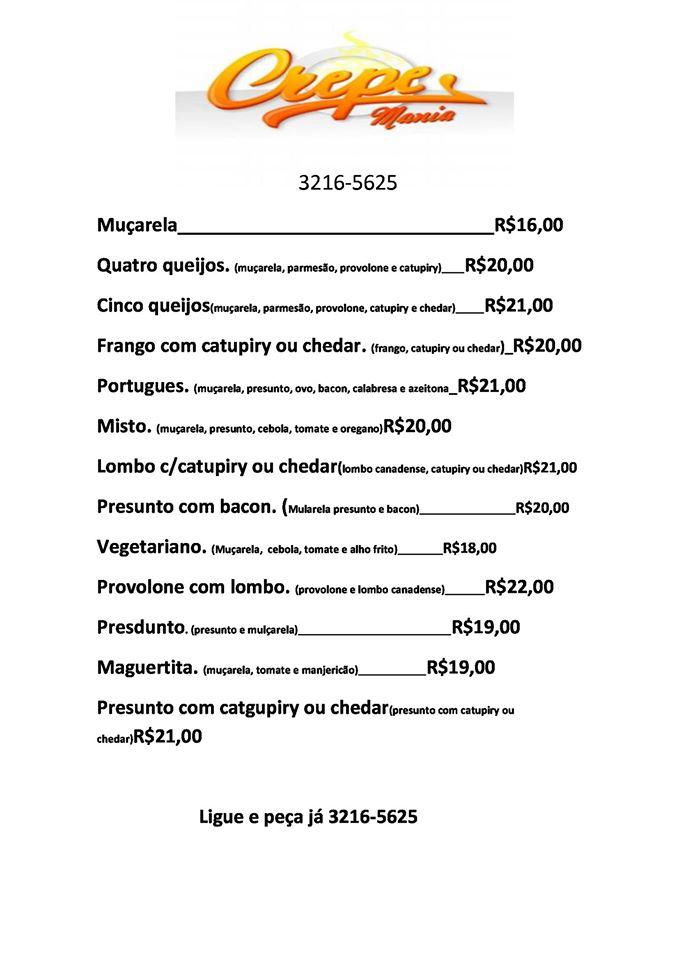 Menu at Crepe mania restaurant, Brazil