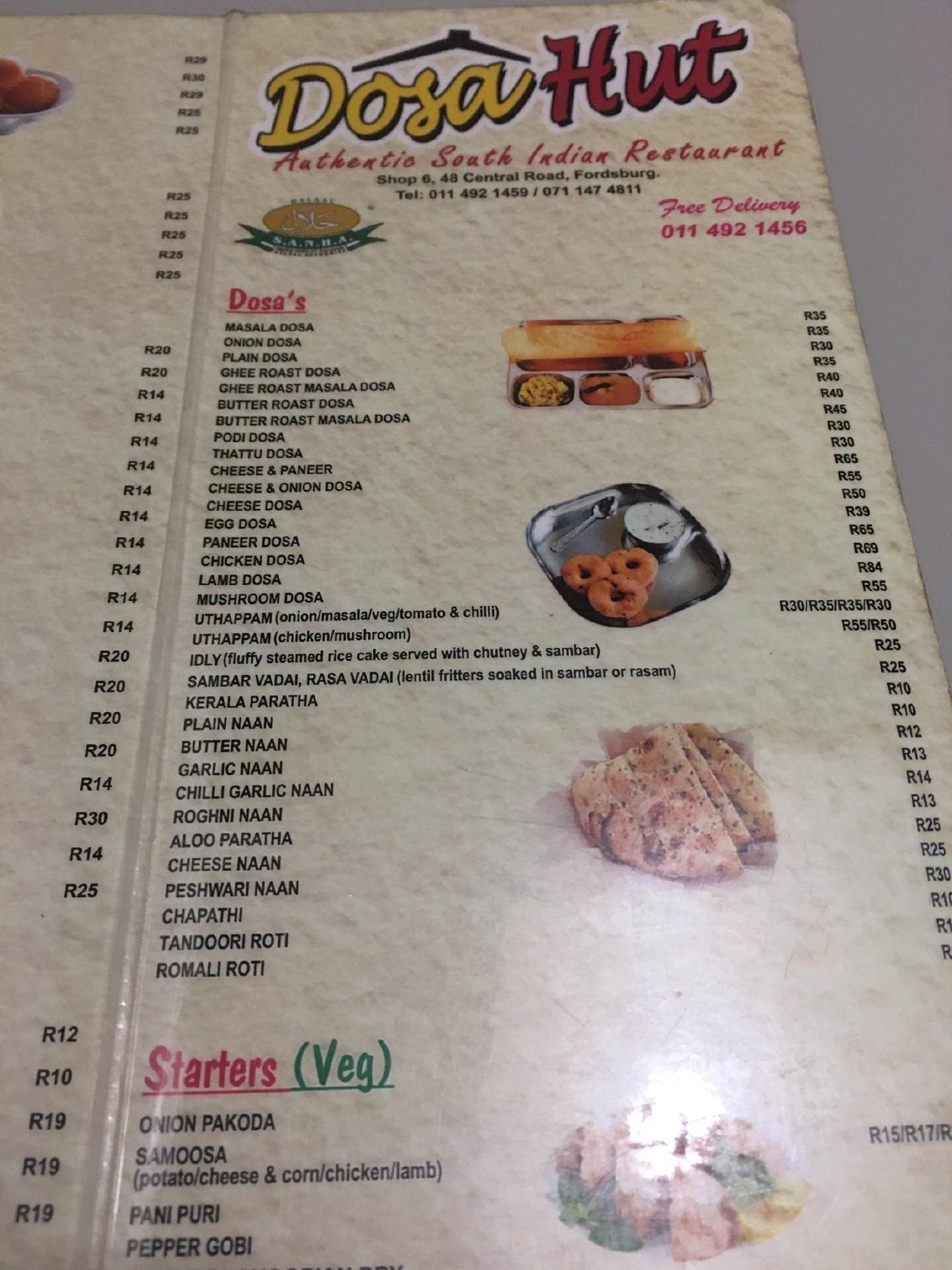 Menu at Dosa Hut restaurant, Johannesburg