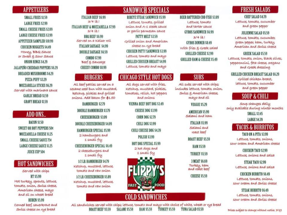 Menu at Flippy's Fast Food, Burlington