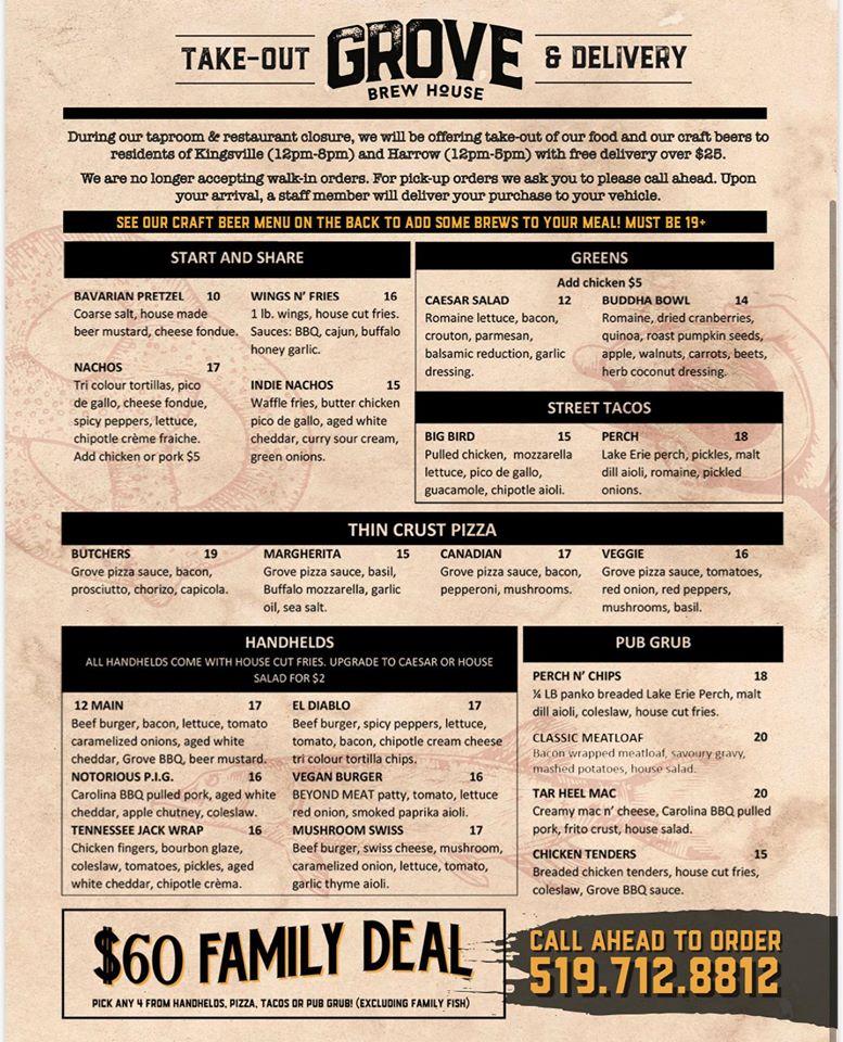 Menu at The Grove Brewing Company pub & bar, Kingsville