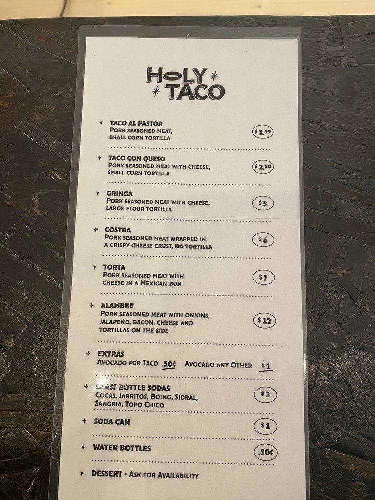 Menu at Holy Taco restaurant, Orem