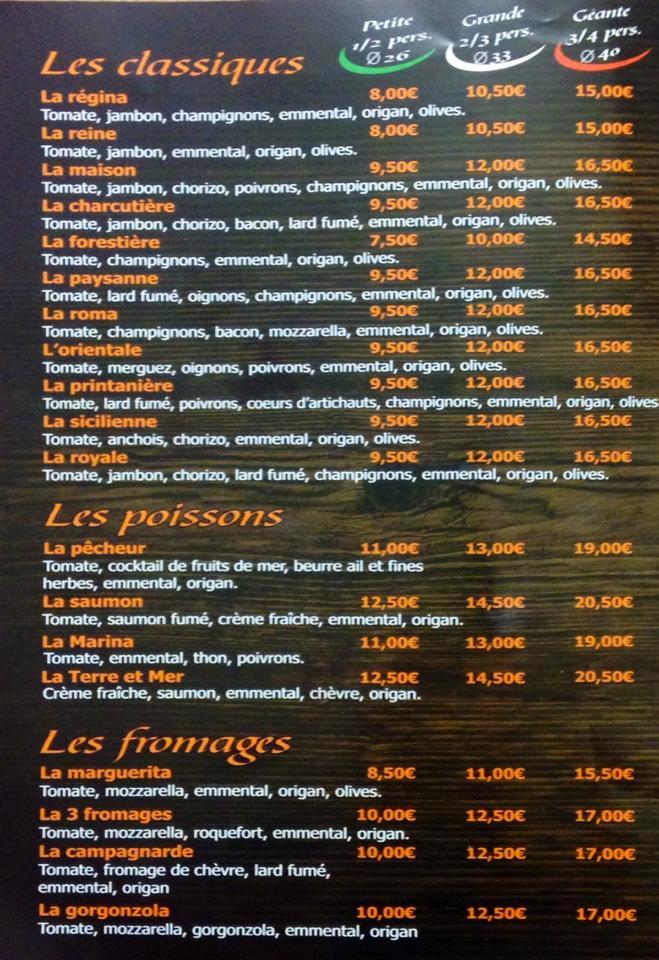 Menu au La Pizzaiola restaurant, Arras