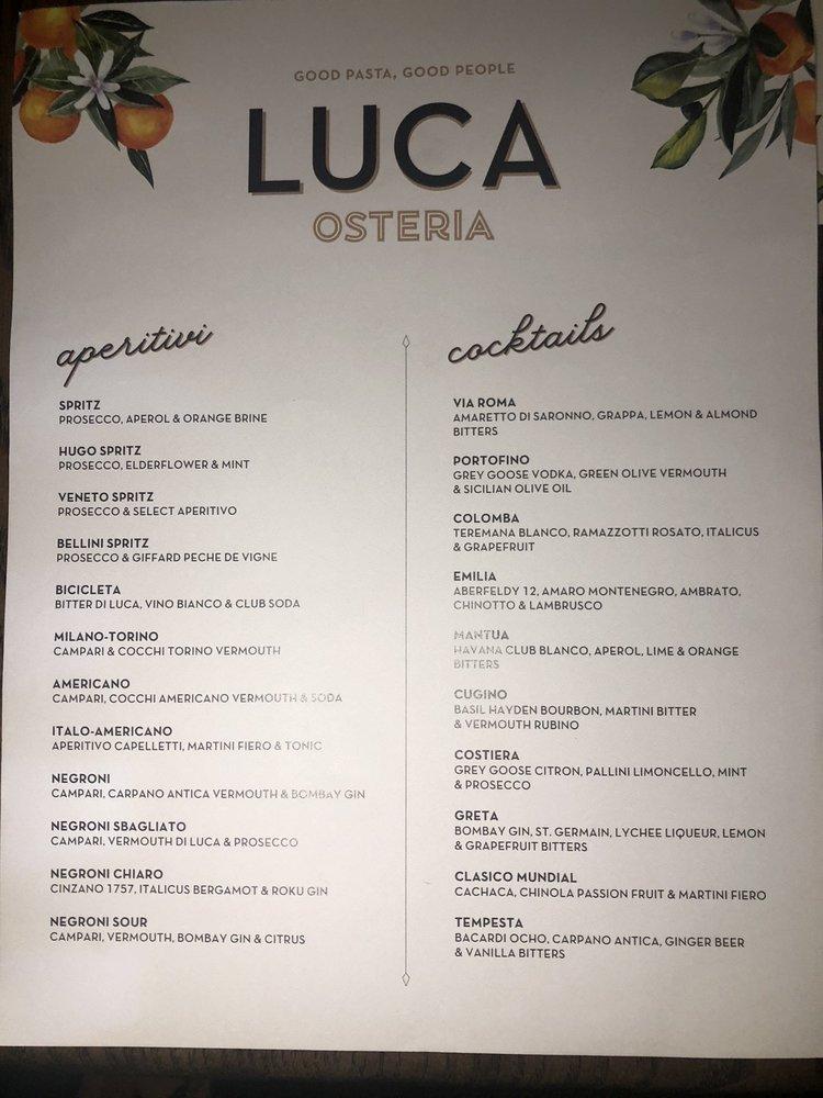 Menu at Luca Osteria restaurant, Coral Gables