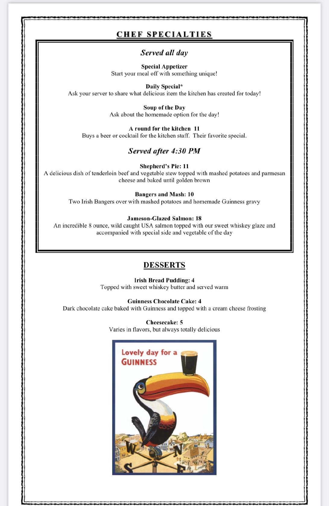 Menu at Paddy Coughlin's Pub, Fort Atkinson