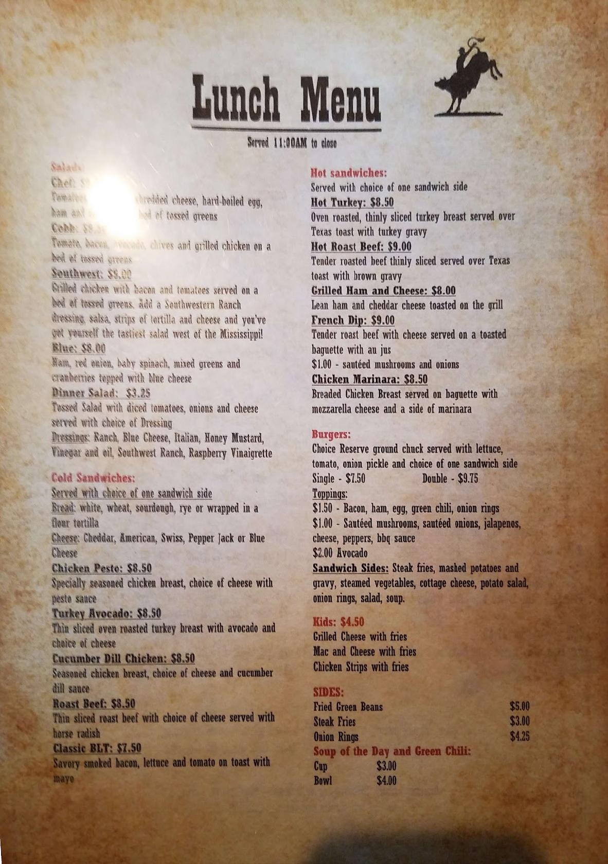 Menu at Grand Old West restaurant, Kremmling