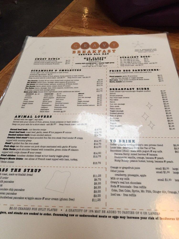 Menu at Gravy restaurant, Portland, N Mississippi Ave