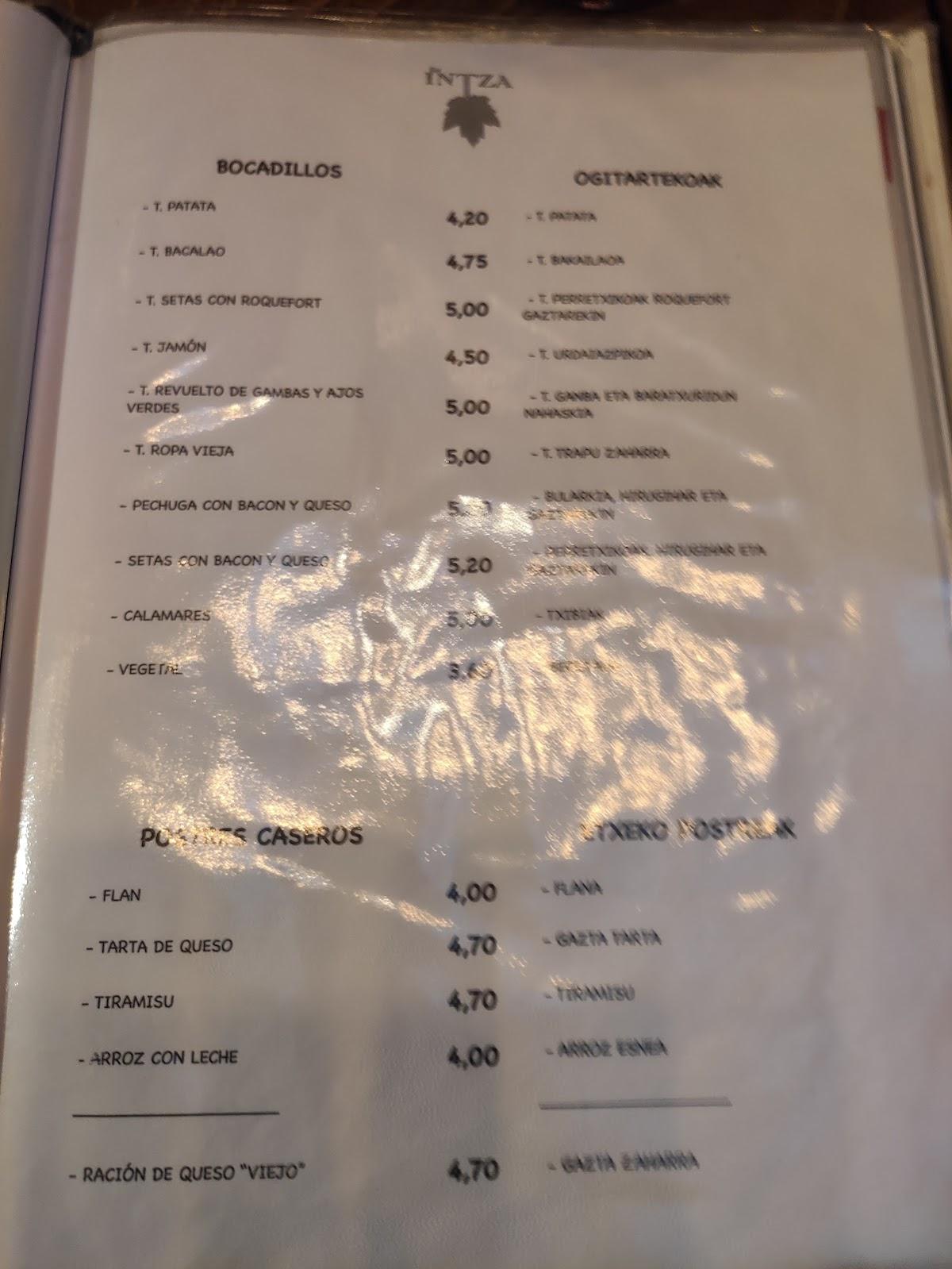 Menu at Bar restaurante Intza, San Sebastián