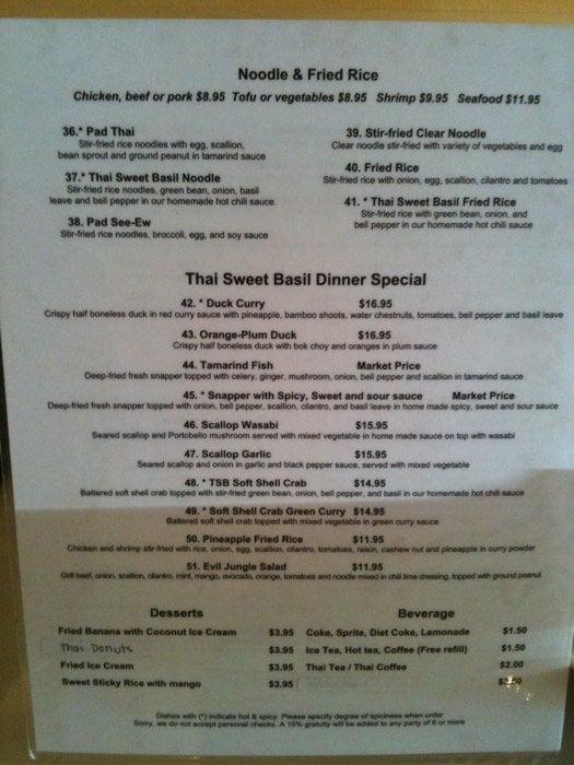Menu at Thai Sweet Basil restaurant, Tampa, Northdale Blvd