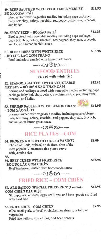 Menu at Alo Saigon restaurant, Westfield