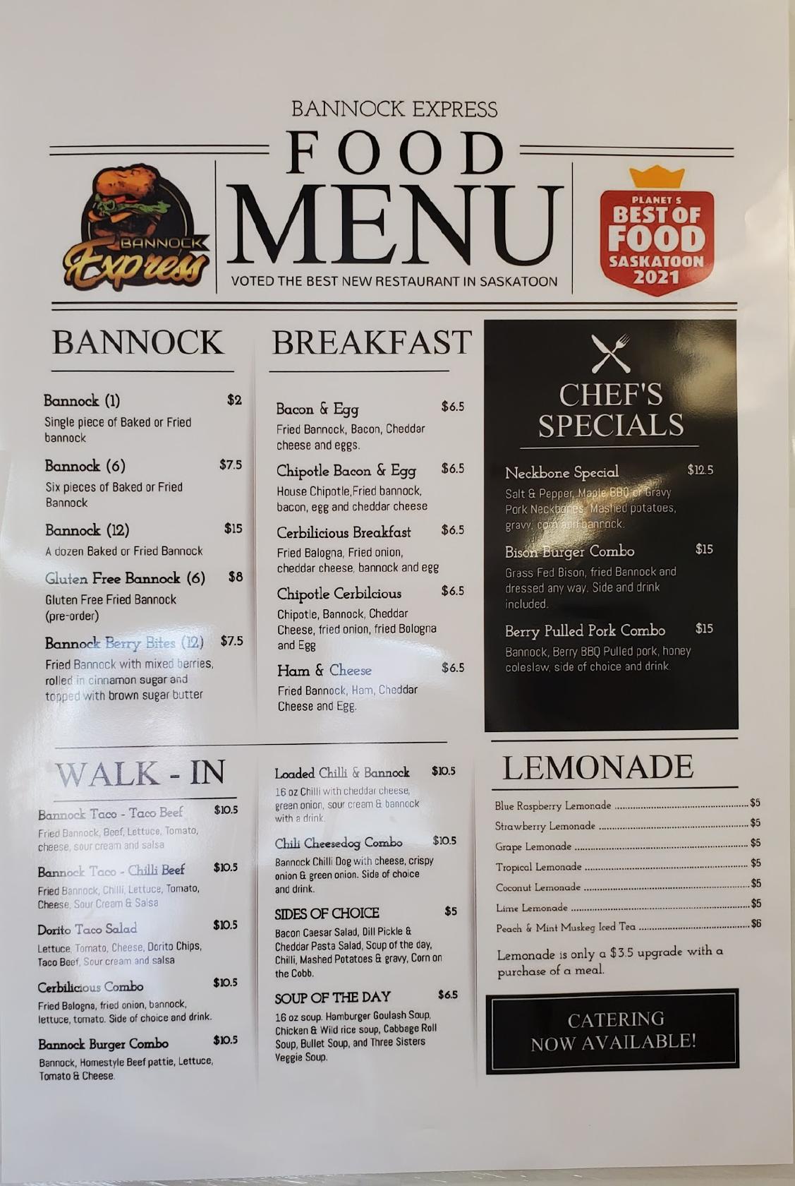 Menu at Bannock Express restaurant, Saskatoon
